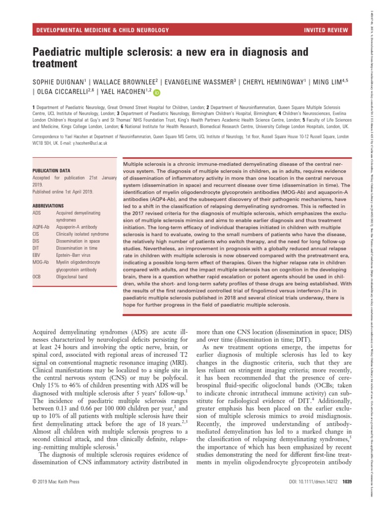 Develop Med Child Neuro - 2019 - Duignan - Paediatric Multiple ...
