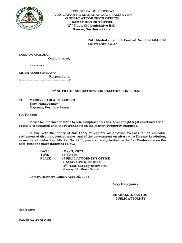 Notice of Mediation - M | PDF | Mediation | Aggression