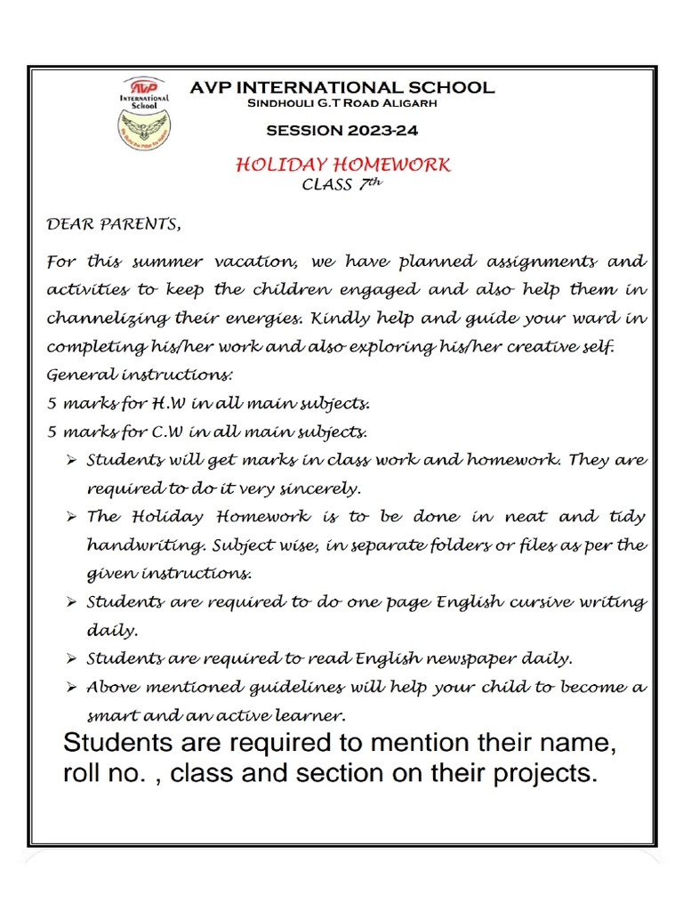 Class - VLL Holiday Homework | PDF