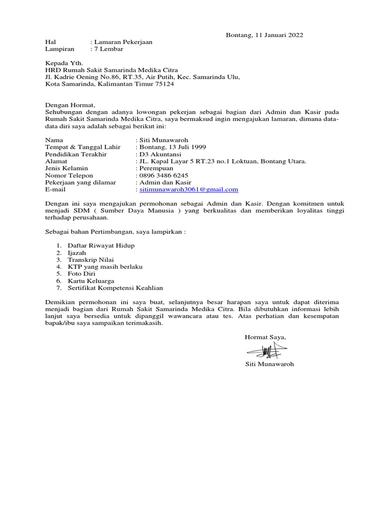 Surat Lamaran RS - SMC - Siti Munawaroh | PDF