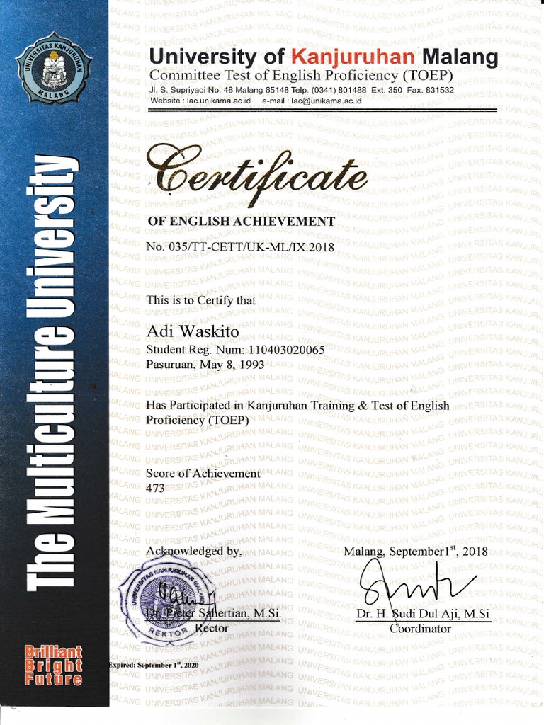 English Proficiency Certificate - Adi Waskito | PDF