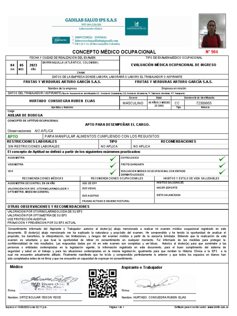 Hurtado Consuegra Ruben Elias Concepto Médico Ocupacional | PDF