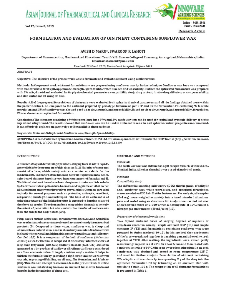 Ormulation And Evaluation Of Ointment Containing Sunflower Wax Pdf Topical Medication