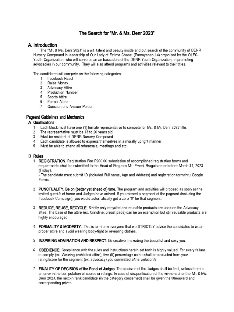 Pageant Guidelines and Mechanics MR BSP and Ms GSP 2016 | PDF Pageant Guidelines and Mechanics MR BSP and Ms GSP 2016 | PDF
