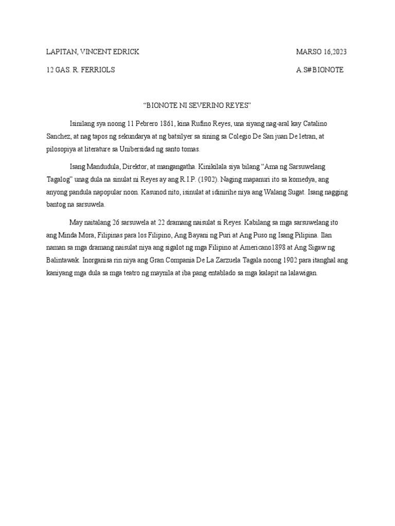 Bionote Ni Severino Reyes | PDF