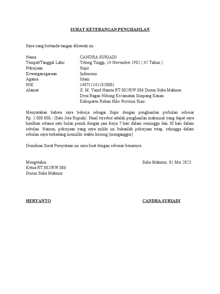 Surat Keterangan Penghasilan & Biaya Penggunaan Listrik | PDF