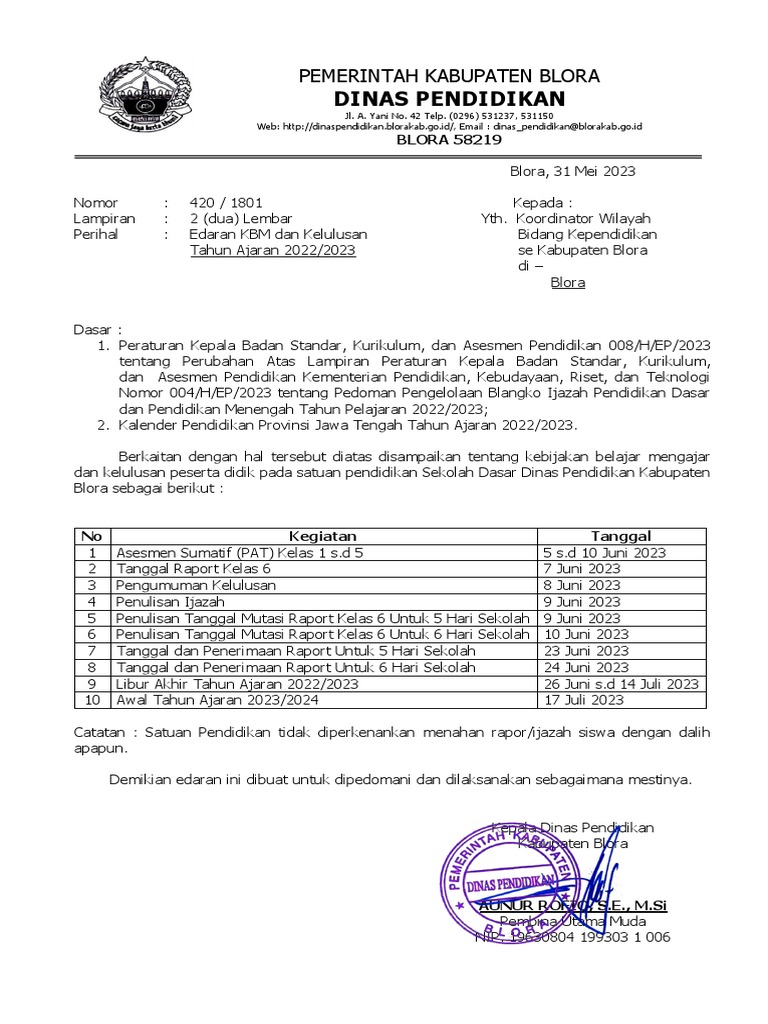 Surat Edaran KBM Dan Kelulusan 2022 2023 | PDF