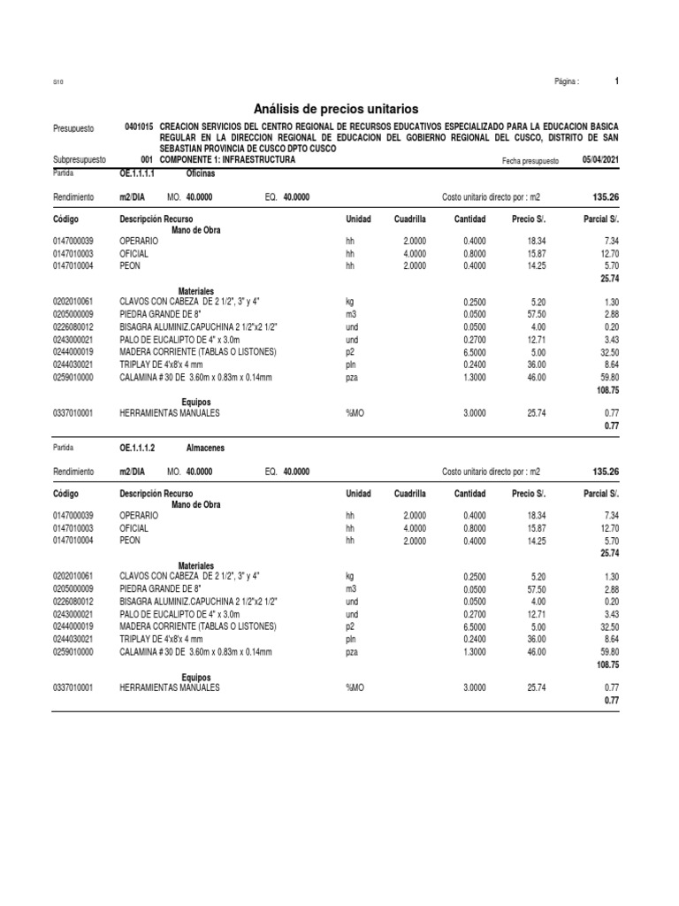 Apu Componente 01 | PDF | Presupuesto