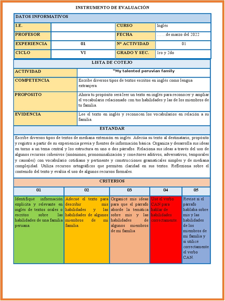 (1y2) 1 Instrumento de Eval. de Inglés | PDF