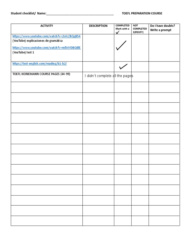 TOEFL Prep Checklist for Students | PDF