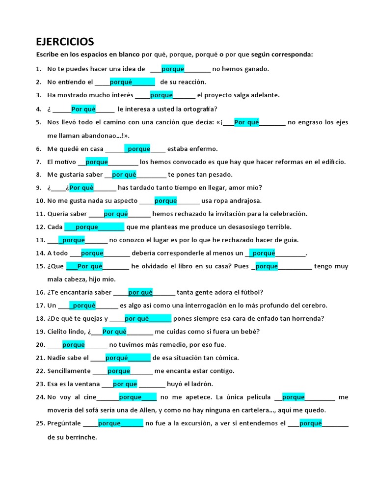ACTIVIDAD DEL USO DE POR QUÉ - ´PORQUE - PORQUÉ POR QUE (2) | PDF