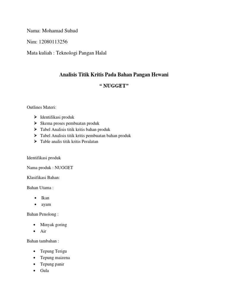 Analisis Titik Kritis Pada Bahan Pangan Hewani (NUGGET) MOHAMAD SUHUD | PDF