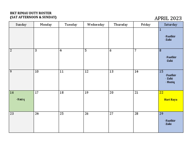 Sat Afternoon & Sunday Duty Roster | PDF