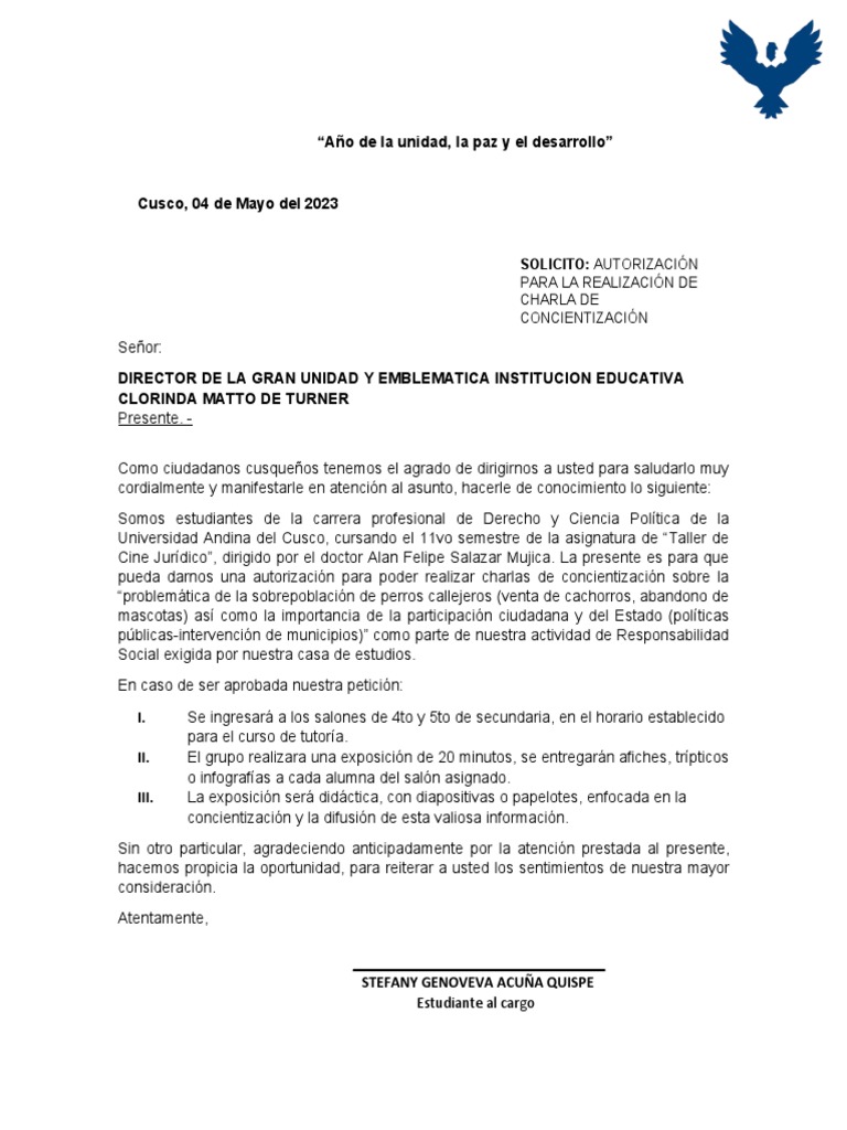 SOLICITUD CHARLA DE CONCIENTIZACION | PDF