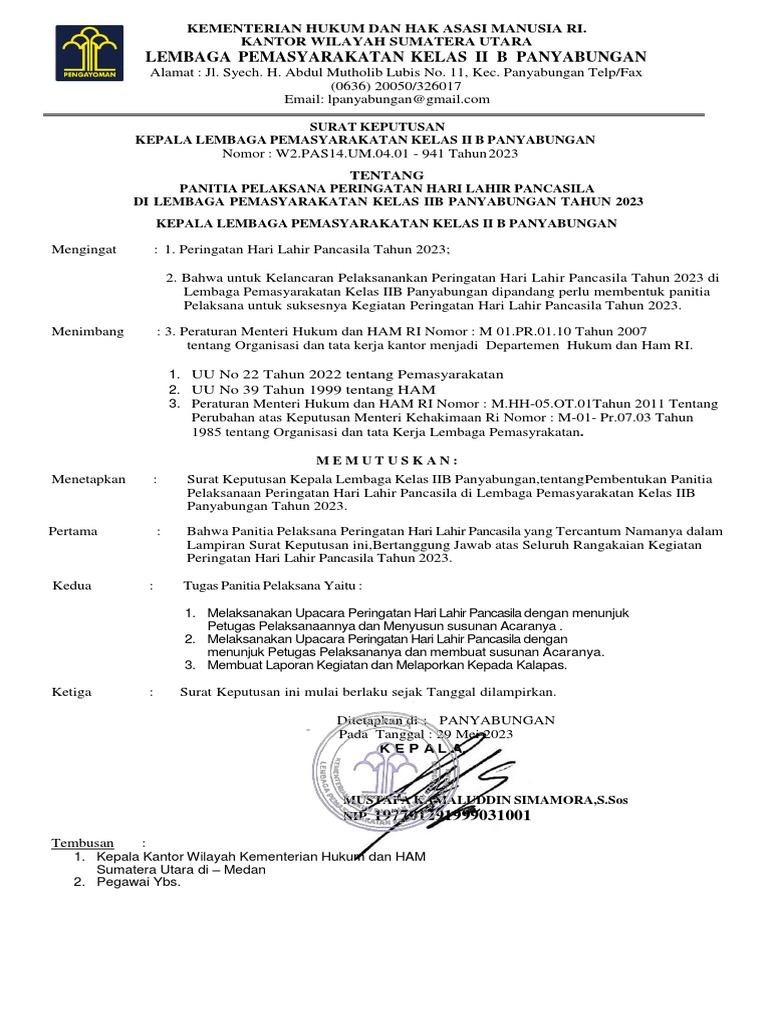 Surat Keputusan Panitia, Susunan Petugas Dan Nota Dinas Peringatan Hari Lahir Pancasila Tahun ...