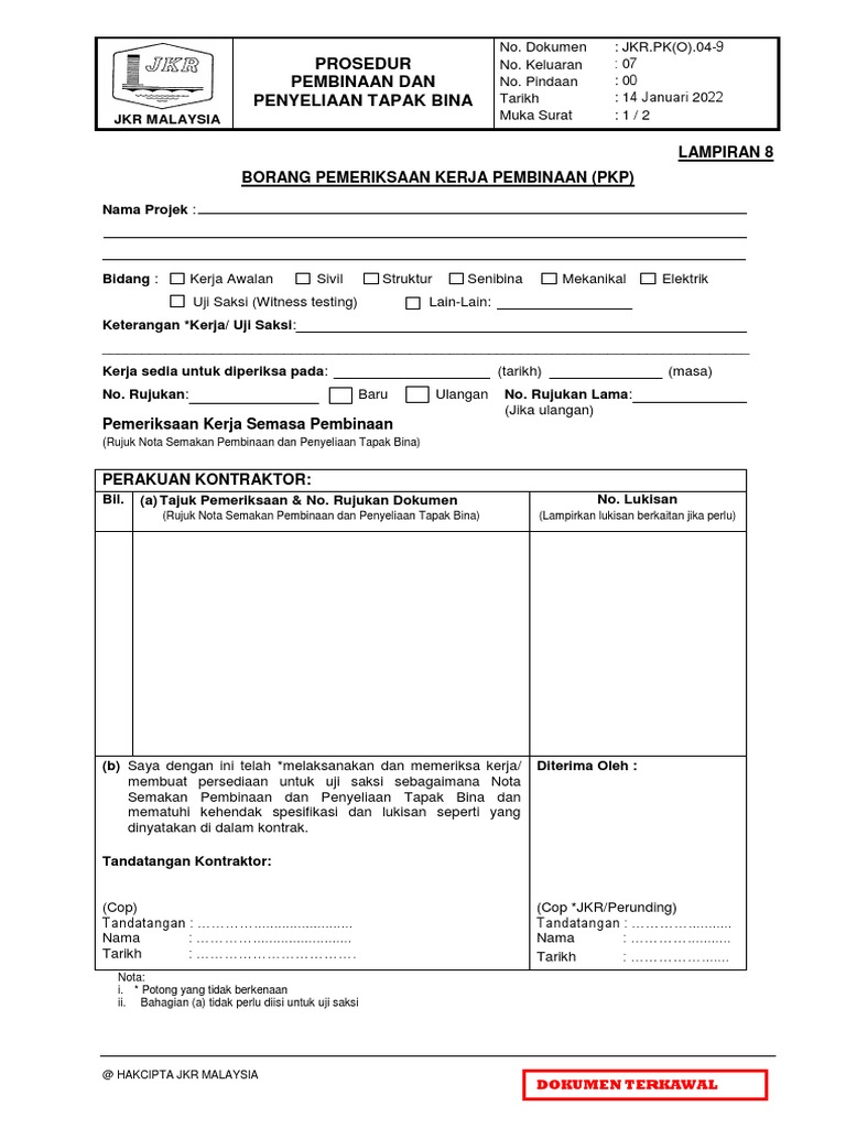 8. Borang Pemeriksaan Kerja Pembinaan (Pkp) | PDF