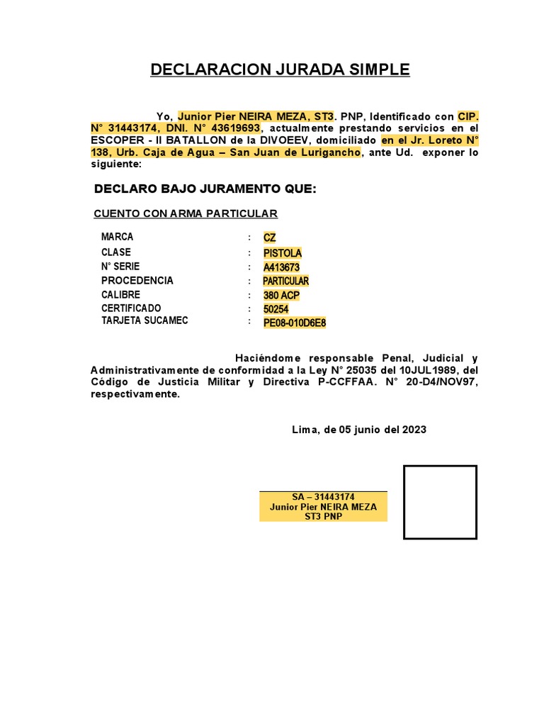 Modelo Ejemplar Modelos Y Plantillas Para Rellenar En Word Y Excelmodelo De Declaraci N Jurada ...