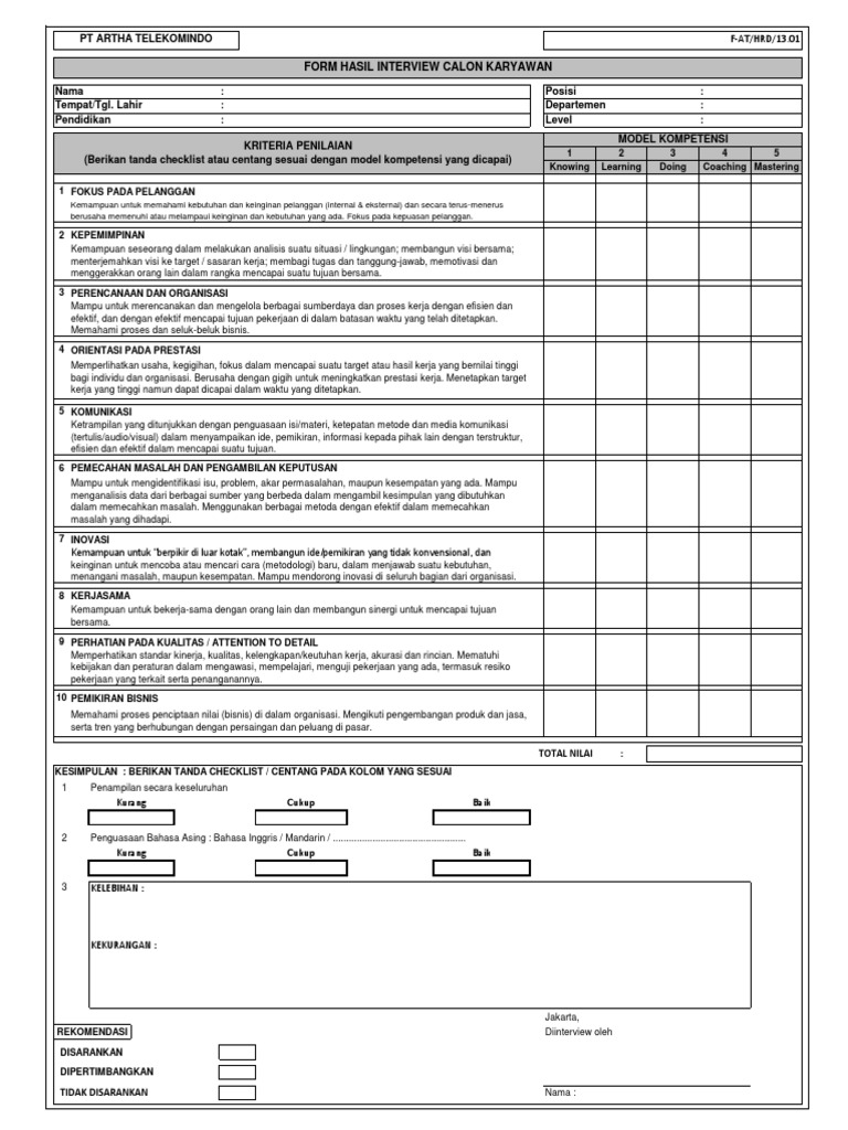 Form Hasil Interview Calon Karyawan Draft Pdf