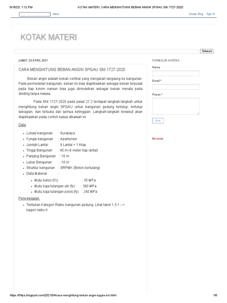 Perhitungan Beban Angin SNI 1727-2020 | PDF