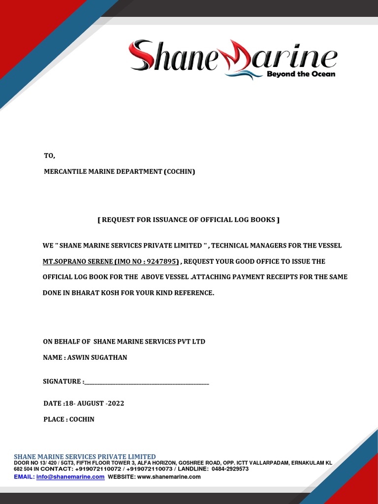 Request for Official Log Book - Cochin | PDF | Business