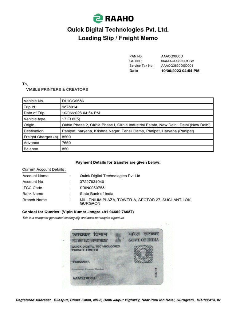 Raaho 9878014 Loading Slip | PDF