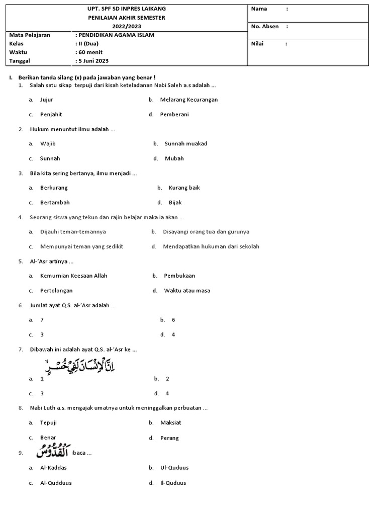 Soal Pas Pai Kelas 2 | PDF