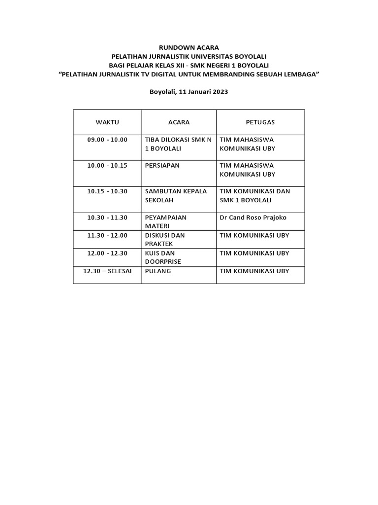 Rundown Acara Pelatihan Jurnalistik TV Bagi Pelajar Kelas Xii | PDF