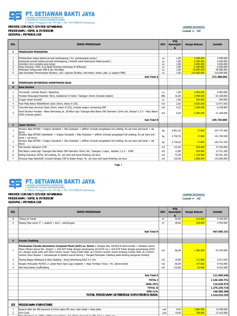 Proyek Contact Center Semarang Pekerjaan: Sipil & Interior Luasan m2 Gedung: Pemuda 21B | PDF