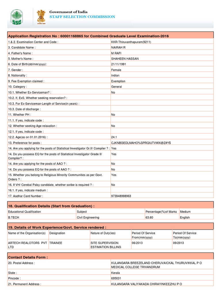 Application Registration No: 60001168865 For Combined Graduate Level ...