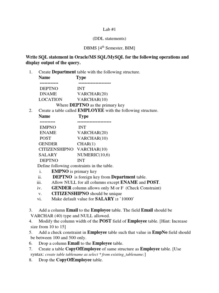 Dbms Labsheet | PDF | Sql | Computer Programming