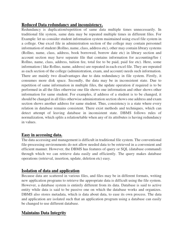 Advantages of DBMS Over File System | PDF | Databases | Database Transaction