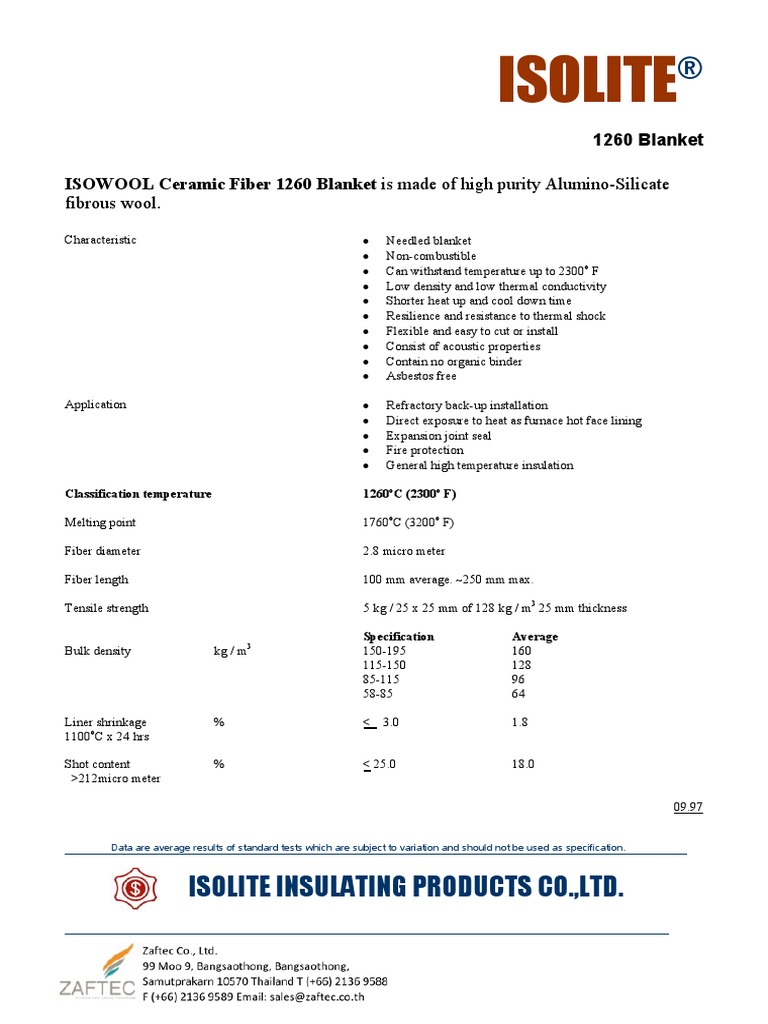 ISOLITE CERAMIC FIBER Blanket 1260 | PDF | Fibers | Physical Sciences