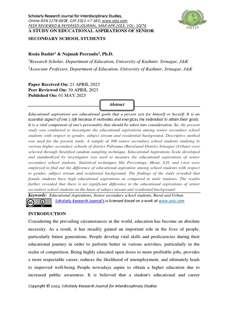 A Study On Educational Aspirations of Senior Secondary School Students ...
