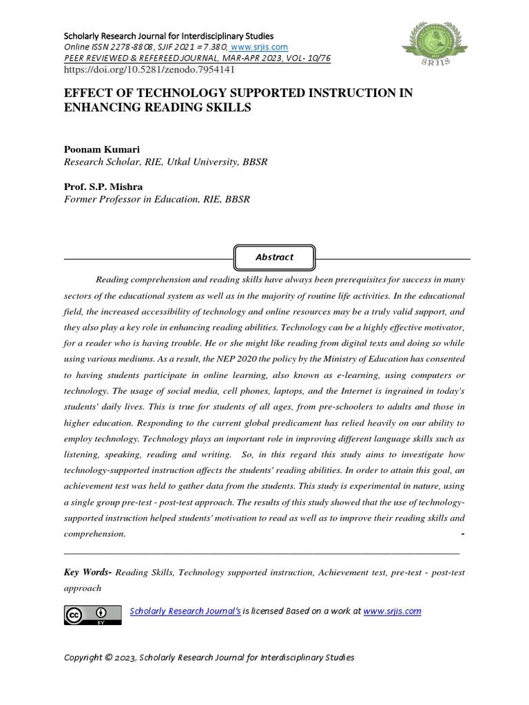 Effect of Technology Supported Instruction in Enhancing Reading Skills ...