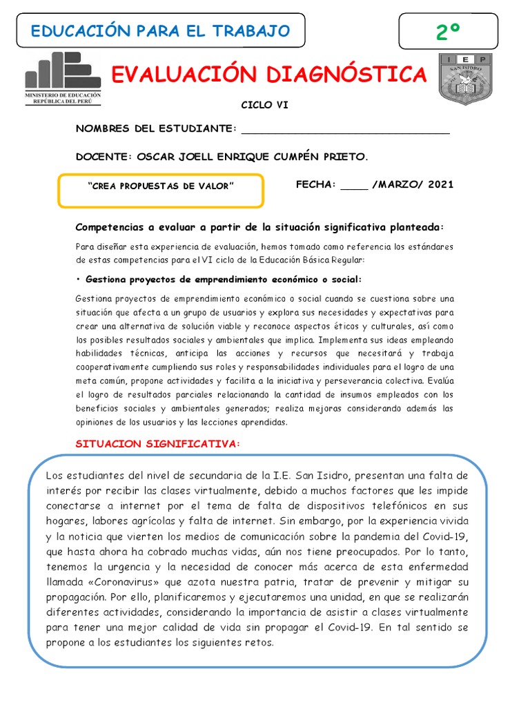 Evaluación Diagnóstica 2° - Ept | PDF | Evaluación | Iniciativa empresarial
