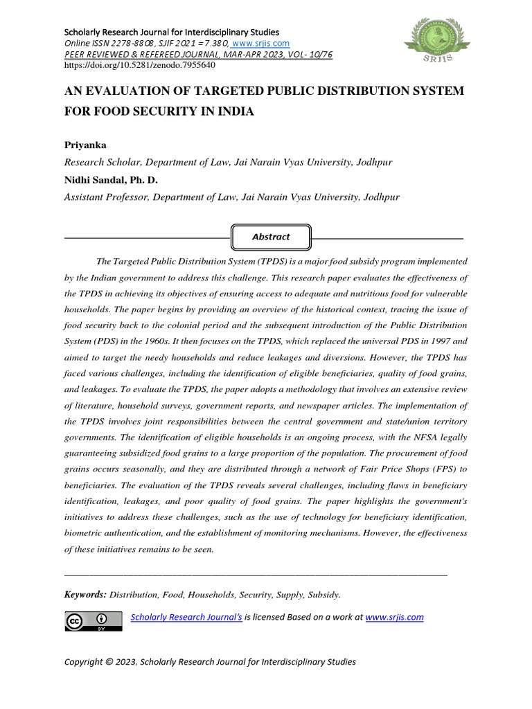 An Evaluation of Targeted Public Distribution System For Food Security ...