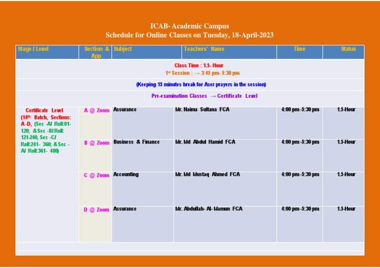 Online Class Schedule On Tuesday - 18-April-2023 - For CL - (ES-FRS) | PDF