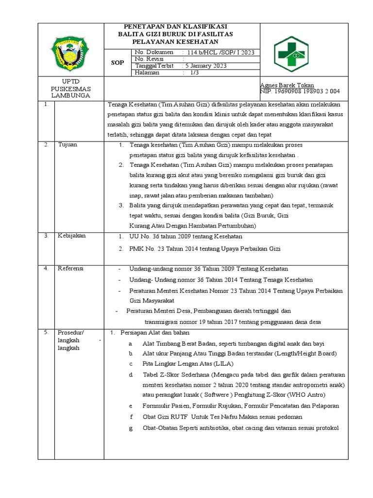 Sop Penetapan Dan Klasifikasi Balita Gizi Buruk | PDF