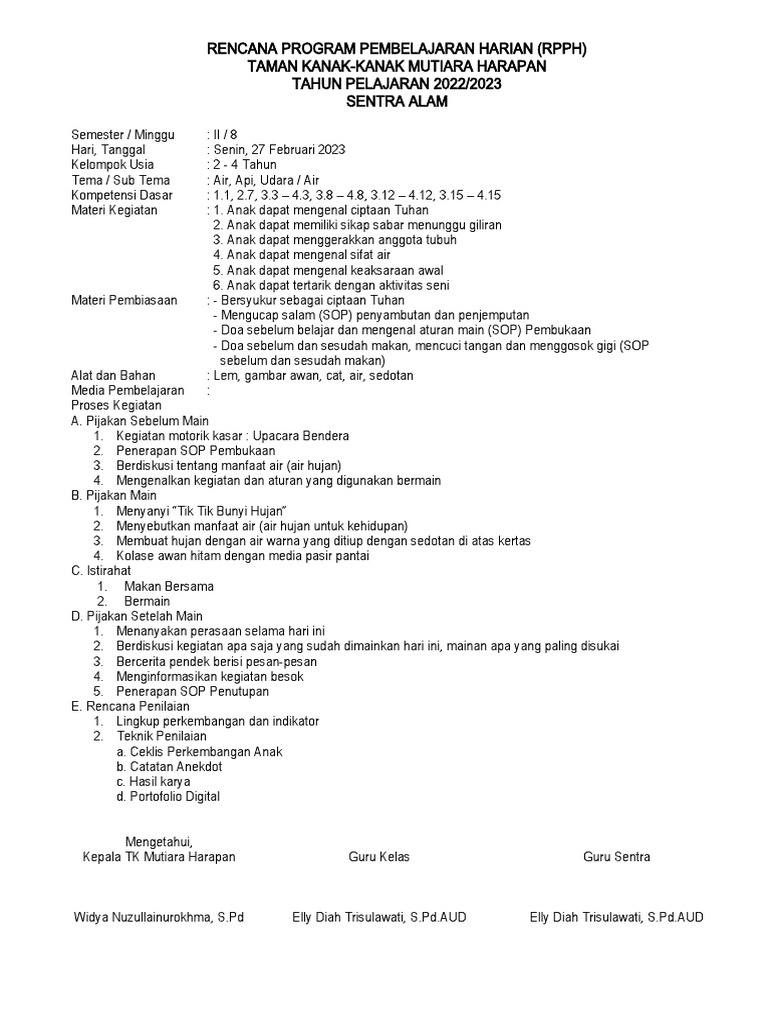 RPPH TK Mutiara Harapan | PDF
