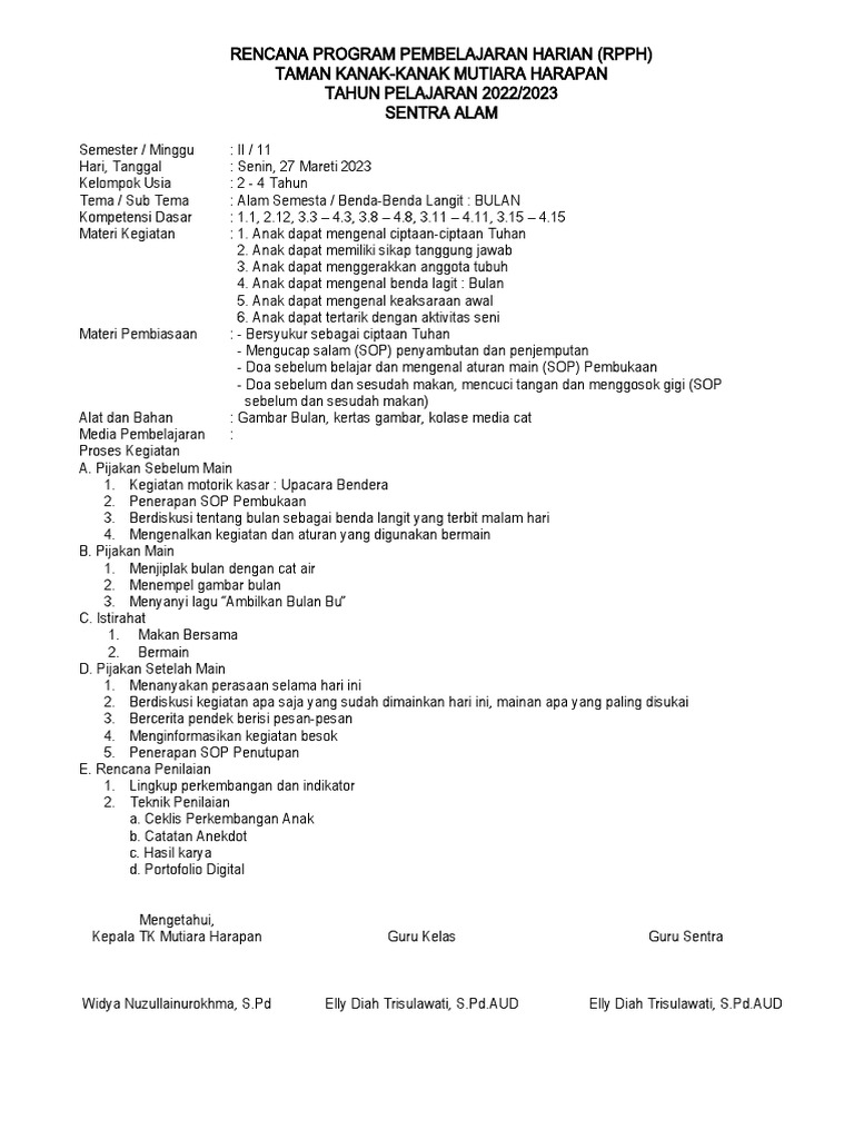 RPPH Sentra ALam Tema Alam Semesta | PDF | Karier & Perkembangan ...