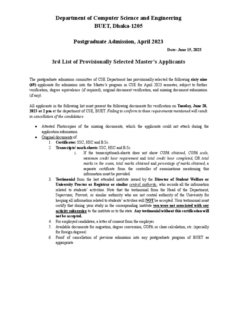 3rd List of Provisionally Selected Masters Applicants | PDF | Academic ...