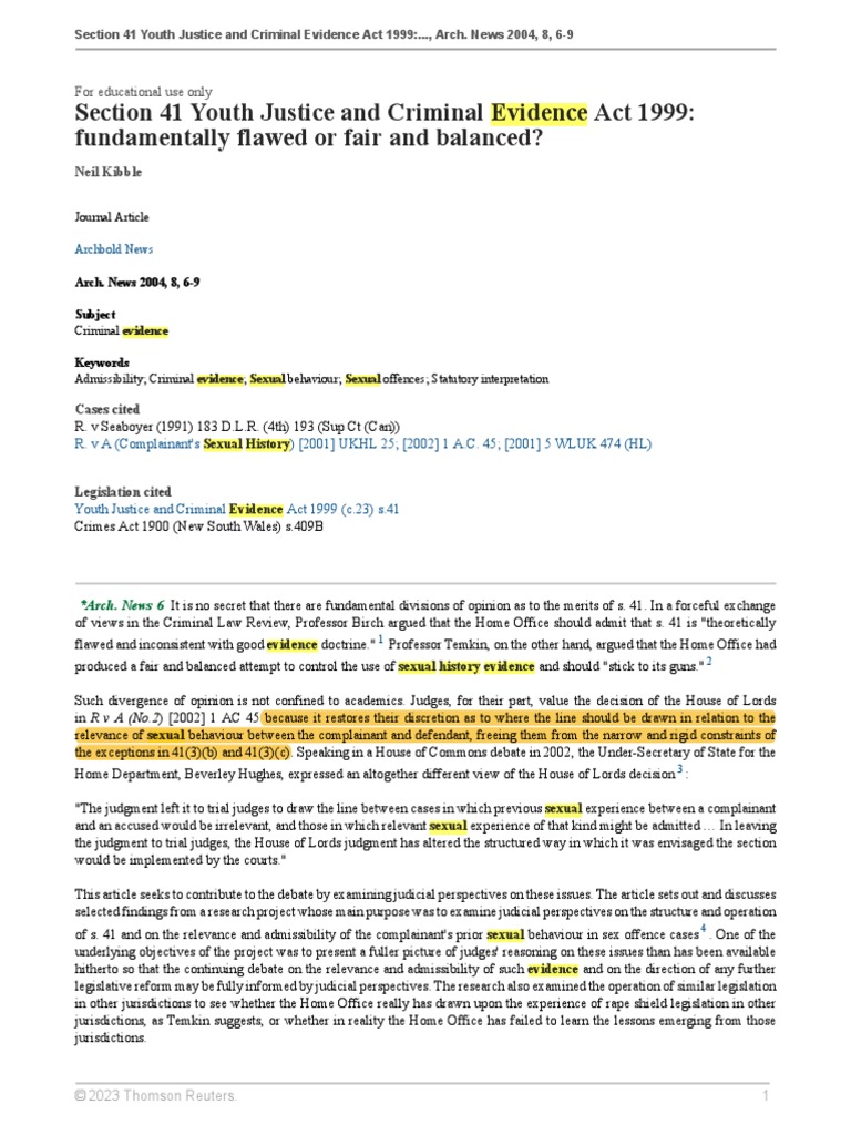 Section 41 Youth Justice and Criminal Evidence Act 1999 Fundamentally ...