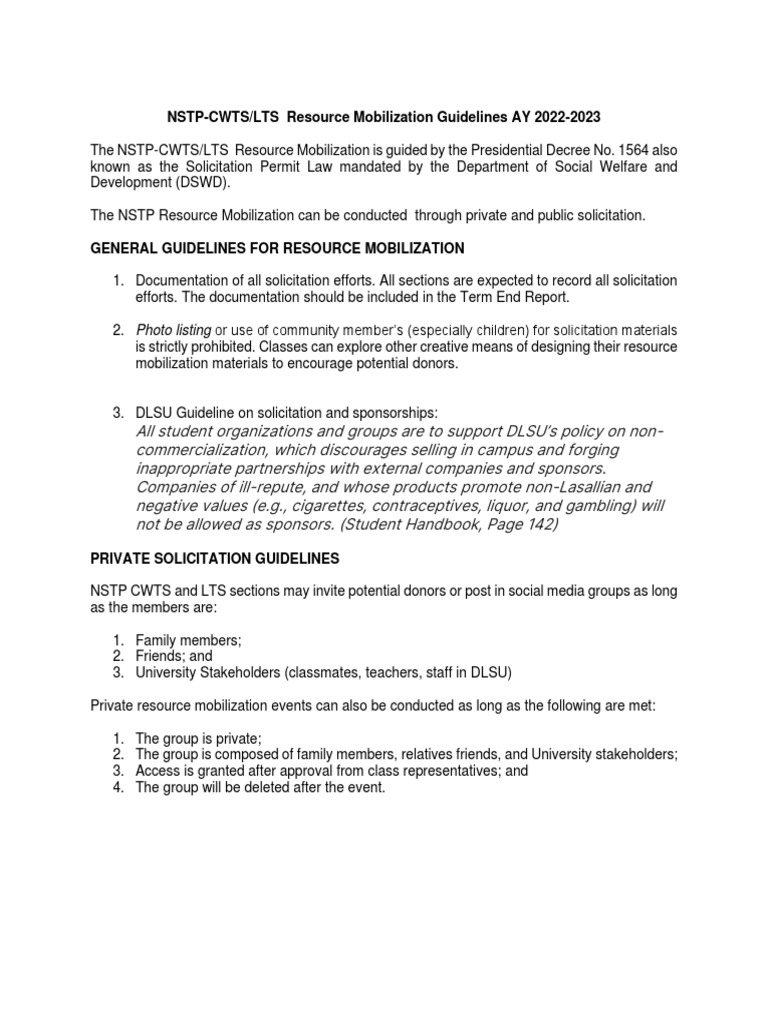 NSTP Resource Mobilization Guidelines For AY 2022 2023 | PDF | Social ...