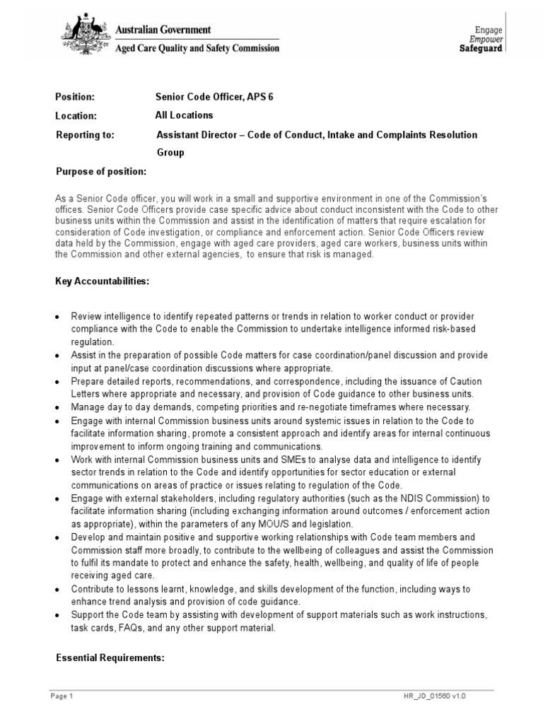 Position Description Senior Code of Conduct Officer Aps6 Ongoing and ...