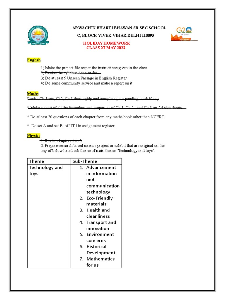 Holiday Homework Class Xi May 2023: Arwachin Bharti Bhawan SR - Sec ...