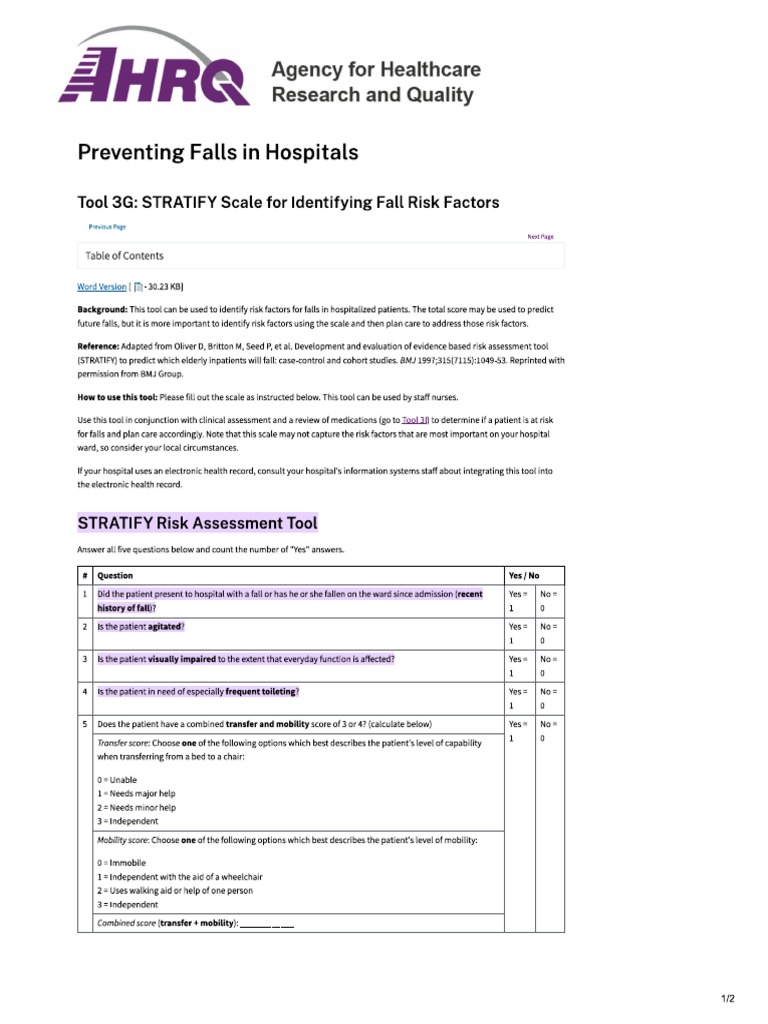 Fall risk assessment STRATIFY Scale | PDF