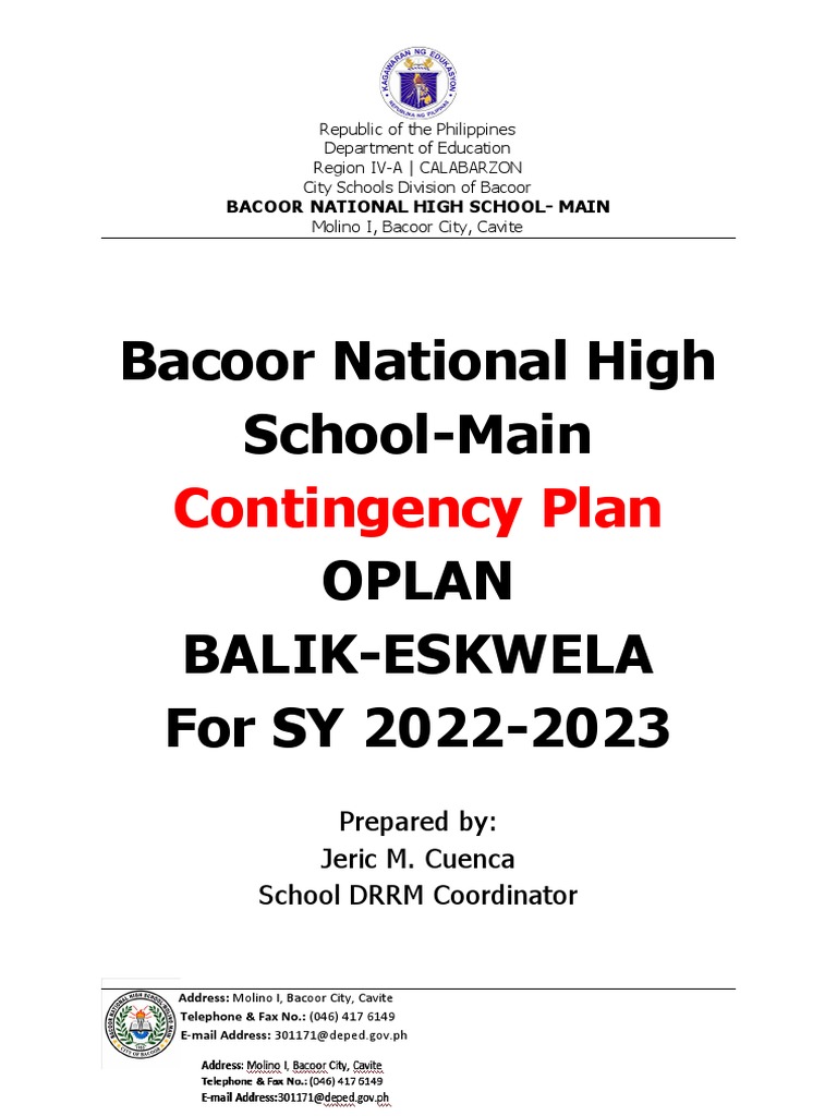 BNHS Contingency Plan Oplan Balik Eskwela | PDF