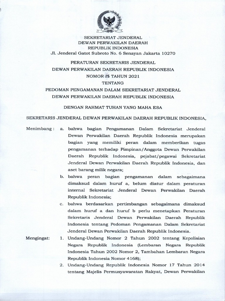 Persesjen No. 25 Tahun 2021 Tentang Pedoman Pengamanan Dalam Setjen DPD ...