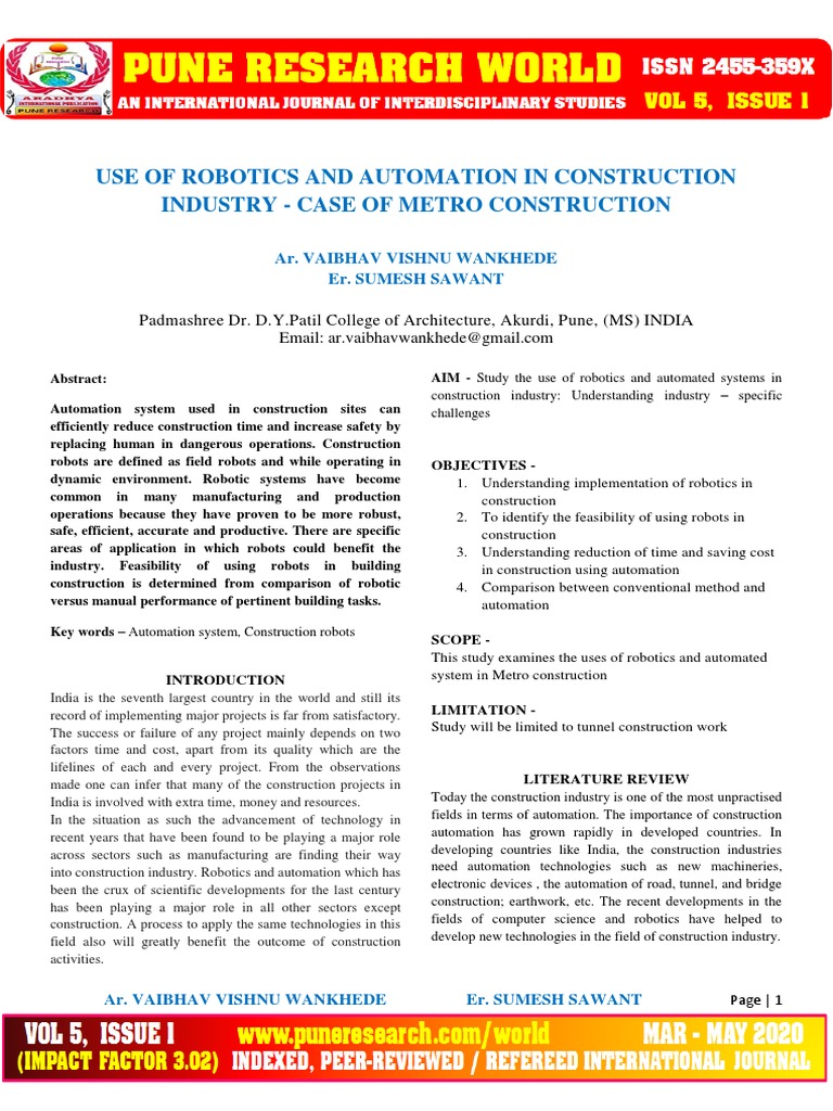 Use Of Robotics And Automation In Construction Pdf Automation Robotics