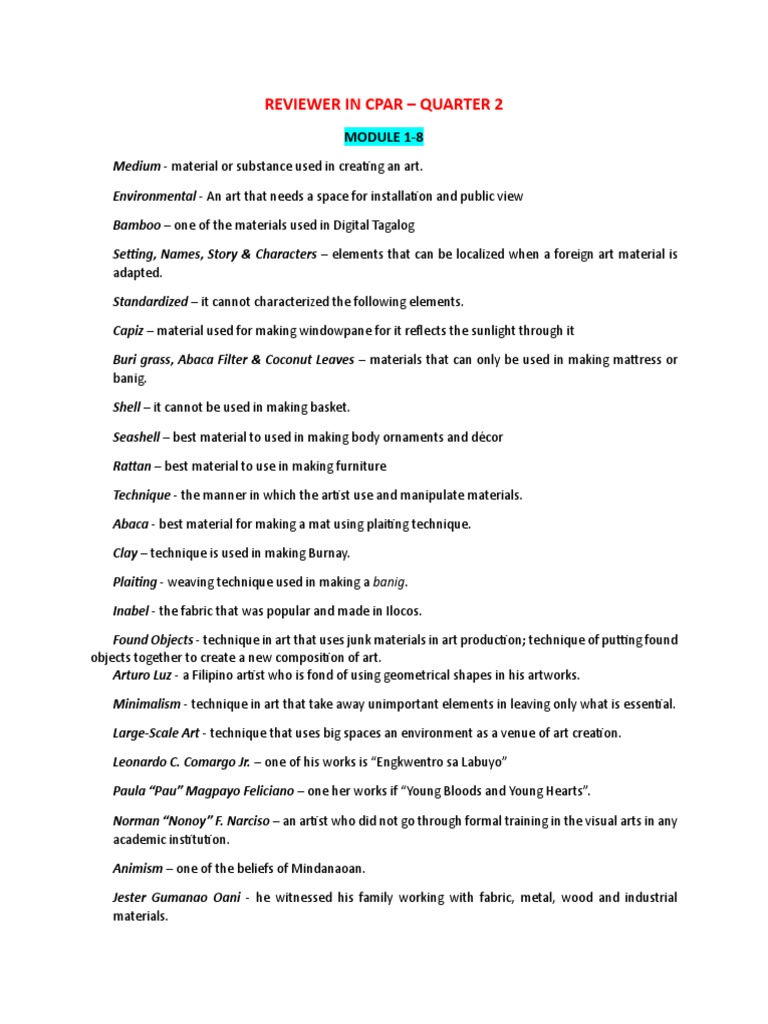 Reviewer in Cpar Quarter 2 | PDF